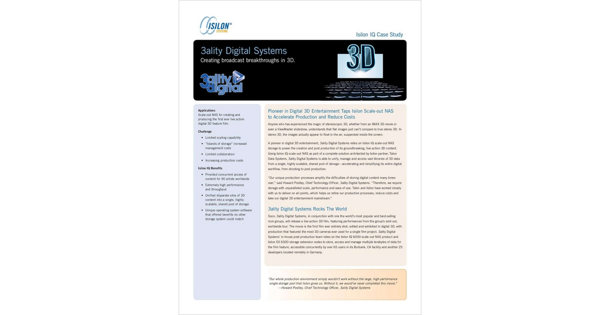 Isilon IQ Case Study: 3ality Digital Systems Free Case Study