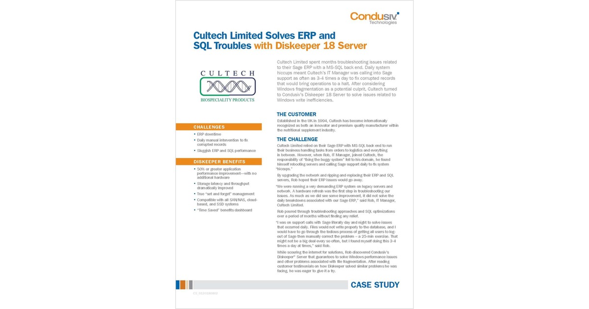 Cultech Limited Solves ERP and SQL Troubles with Diskeeper 18 Server ...