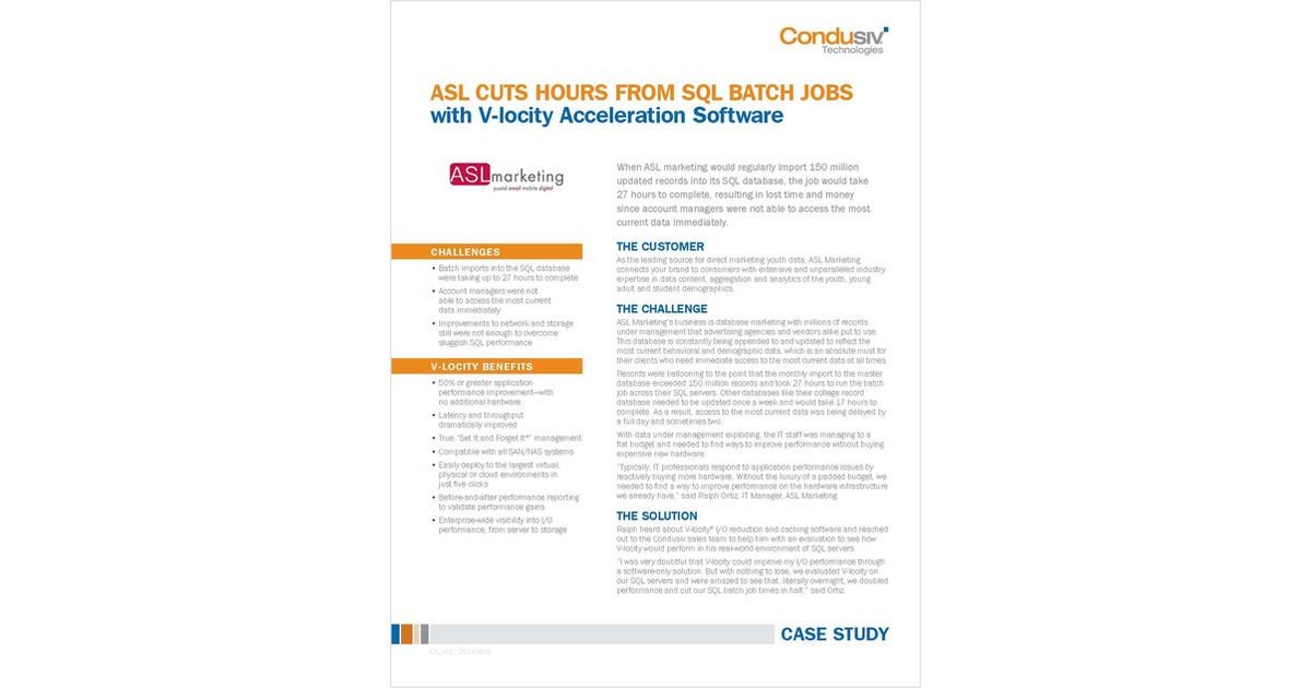 ASL Cuts Hours From SQL Batch Jobs With V-locity I/O Reduction Software ...
