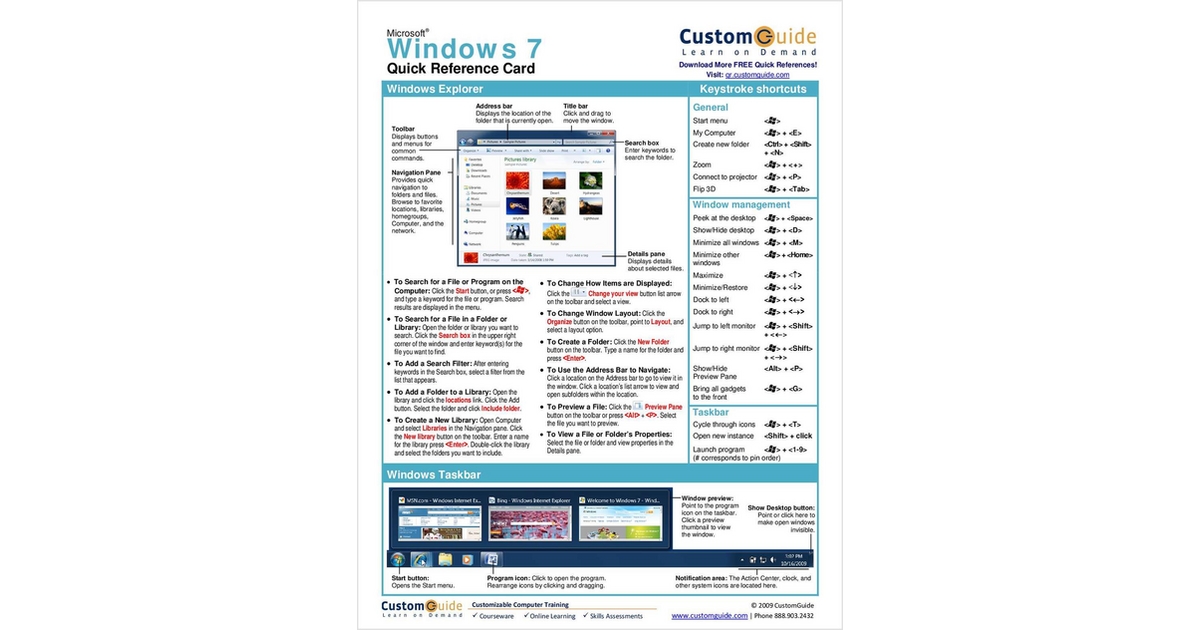 Windows 7 -- Free Quick Reference Card, Free CustomGuide Reference Card