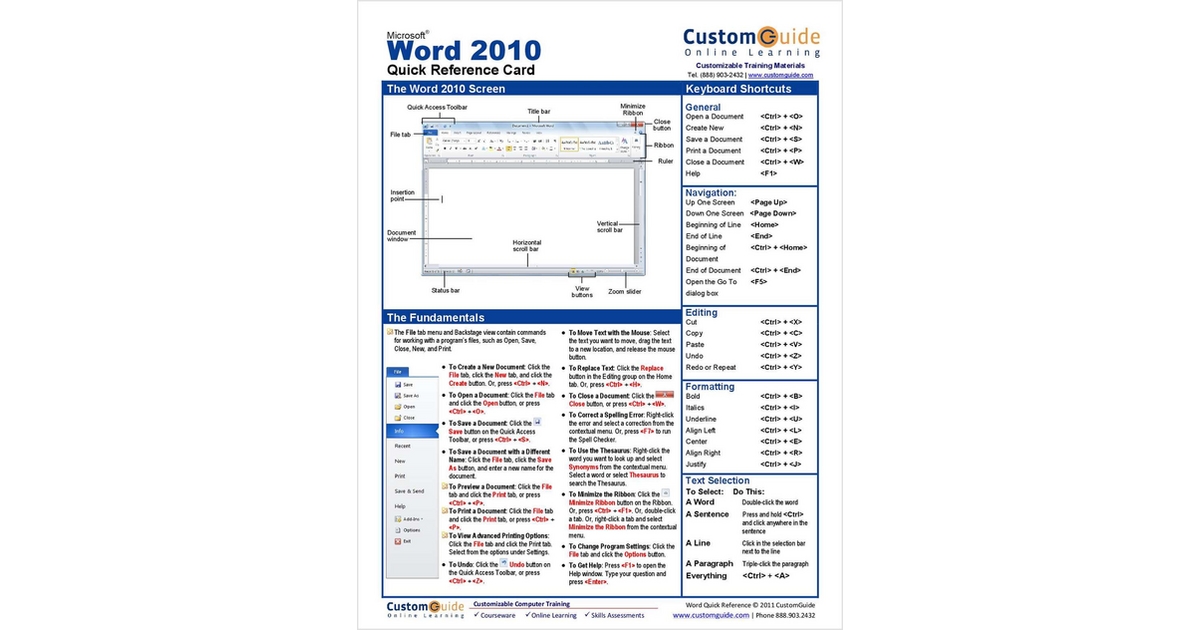 Microsoft Word 2010 - Free Quick Reference Card, Free CustomGuide ...