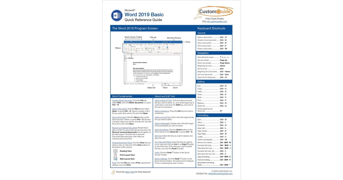 Microsoft Word 2019 Basic -- Free Reference Card Free Tips and Tricks Guide