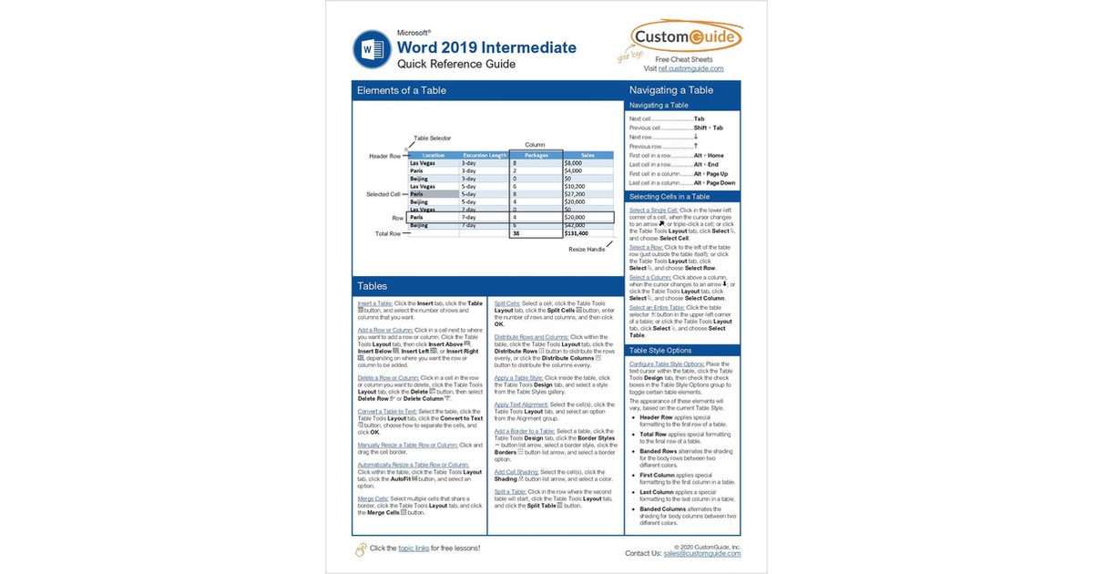 Microsoft Word 2019 Intermediate- Free Reference Card, Free CustomGuide Tips and Tricks Guide