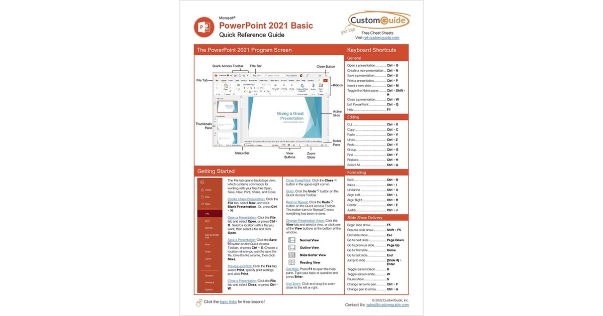 Microsoft PowerPoint 2021 Basic - Quick Reference Card Free Guide