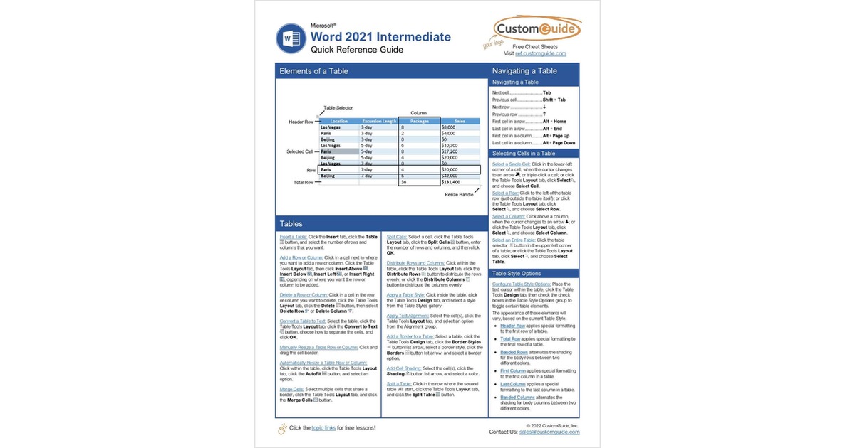 Microsoft Word 2021 Intermediate- Free Reference Card Free Guide