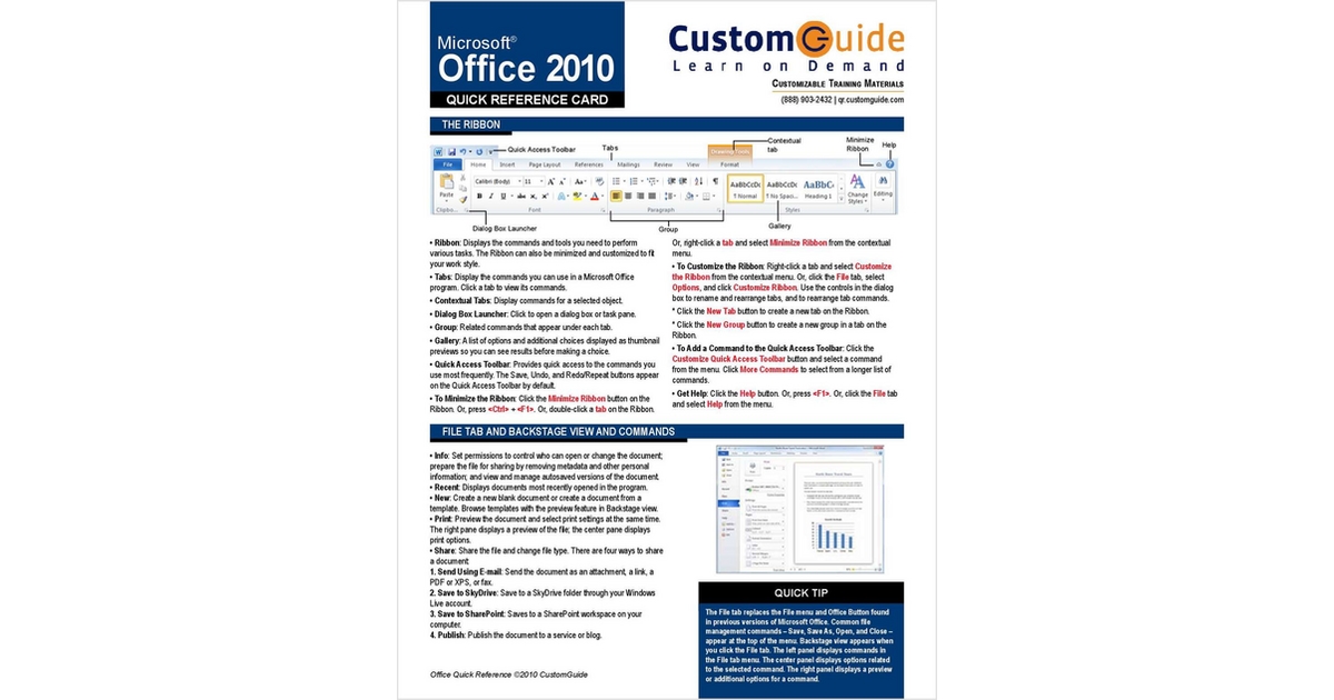 Microsoft Office 2010-- Free Quick Reference Card, Free CustomGuide ...