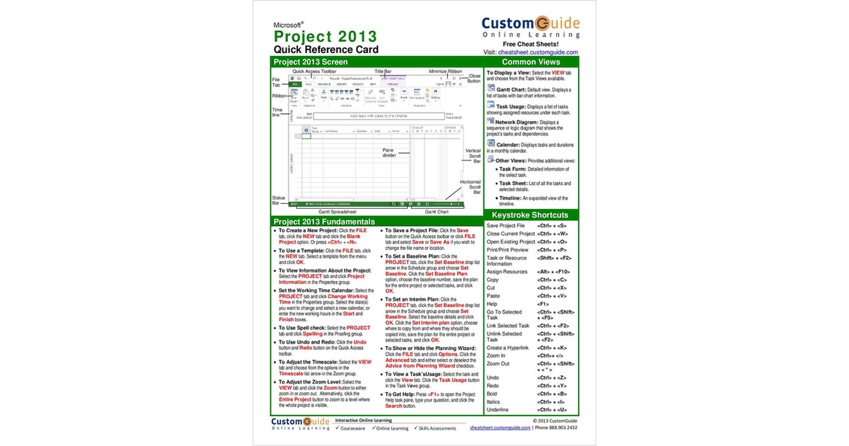 Microsoft Project 2013-- Free Quick Reference Card Free Tips and Tricks Guide