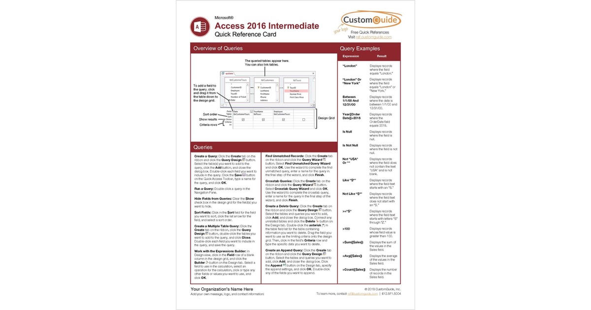 Microsoft Access 2016 Intermediate - Free Quick Reference Card Free Guide