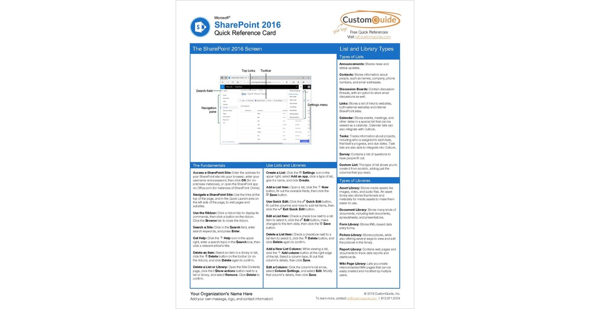Microsoft Office SharePoint 2016 - Quick Reference Card, Free CustomGuide Guide