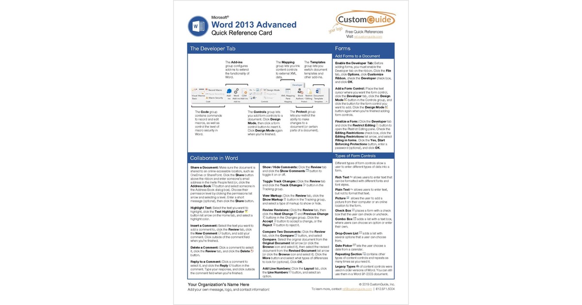 Microsoft Word 2013 Advanced - Quick Reference Card Free Guide