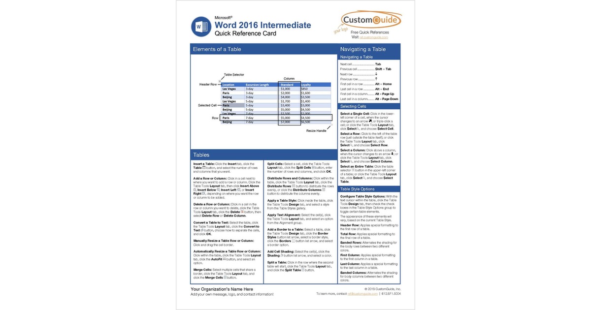 Microsoft Word 2016 Intermediate - Quick Reference Card Free Guide