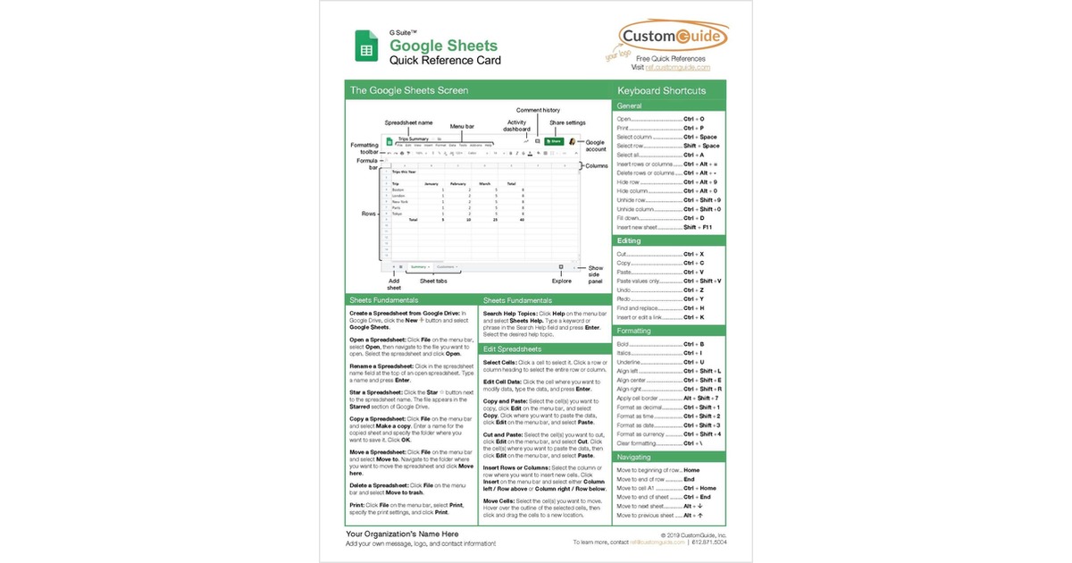 Google Sheets - Quick Reference Card Free Tips and Tricks Guide