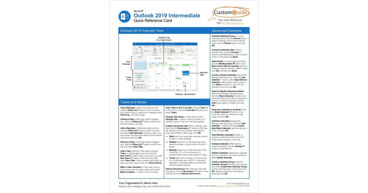 Microsoft Outlook 2019 Intermediate - Quick Reference Card Free Tips ...