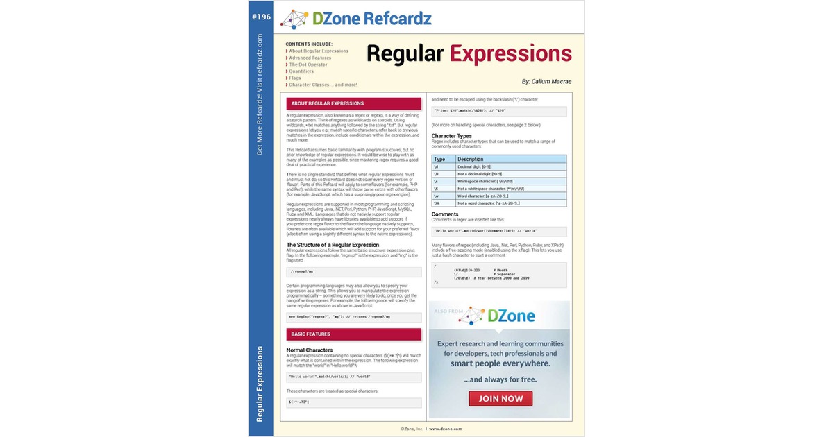 The Essential Regular Expressions Cheat Sheet, Free DZone Cheat Sheet