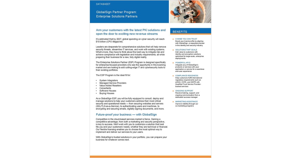 GlobalSign Partner Program: Enterprise Solutions Partners Free Data Sheet