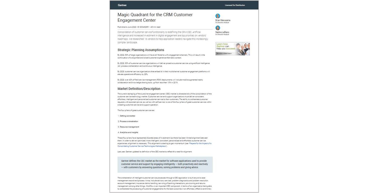 2020 Gartner Magic Quadrant CRM for Customer Engagement Center, Free ...